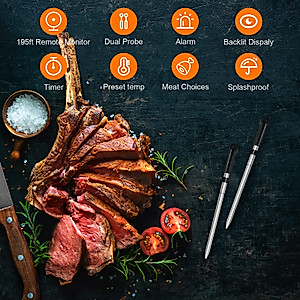 NAMON Wireless Meat Thermometer, Grill Thermometer with 2 Meat Probes, 195ft Wireless Range Digital Thermometer for Cooking, Food Thermometer with Smart Alert for Oven, Smoker, Rotisserie, BBQ