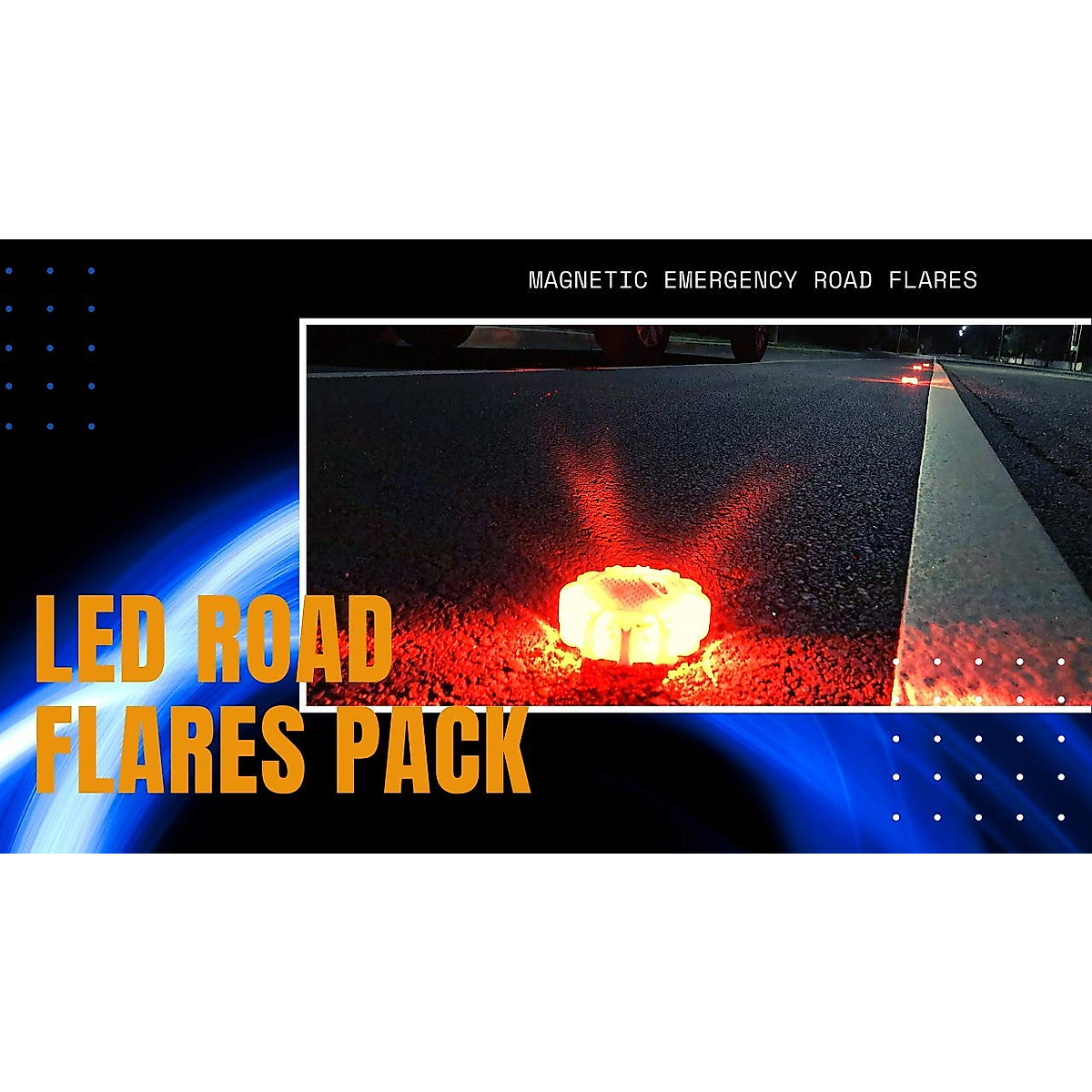 Magnetic Emergency LED Road Flares Warning Kit | Car Roadside Safety Lights | Up to 1.5 Mile Flashing View | 4 Red Light Beacon Disk & 1 Working Flashlight | For Vehicle, Boat, Truck, Flood & More