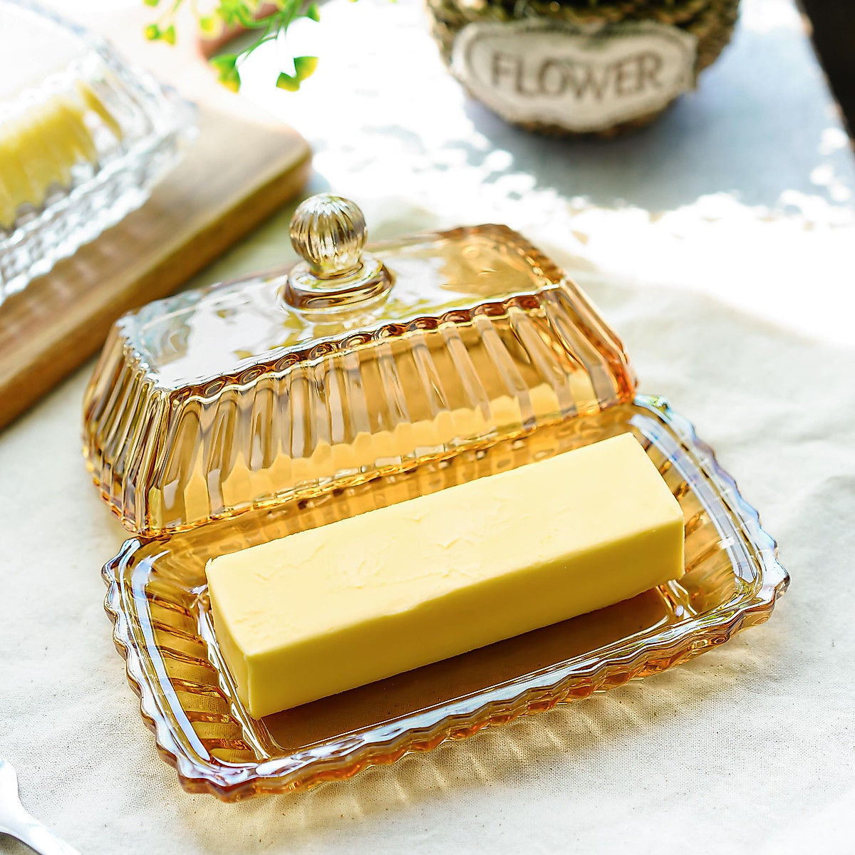 Champagne Covered Butter Dish for Countertop 6.5inch Glass Butter Dish With Lid Elegant Butter Keeper Container For Kitchen Dining Table Decor