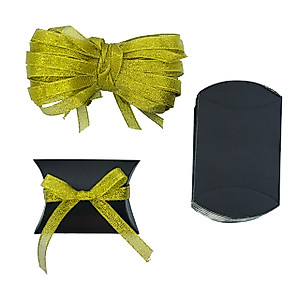 Black Kraft Paper Pillow Box Candy Treat Box Kit Gift Boxes with Gold Ribbon Wedding Favors Baby Shower Birthday Graduation Party Thank You Boxes Supplies, 50pc