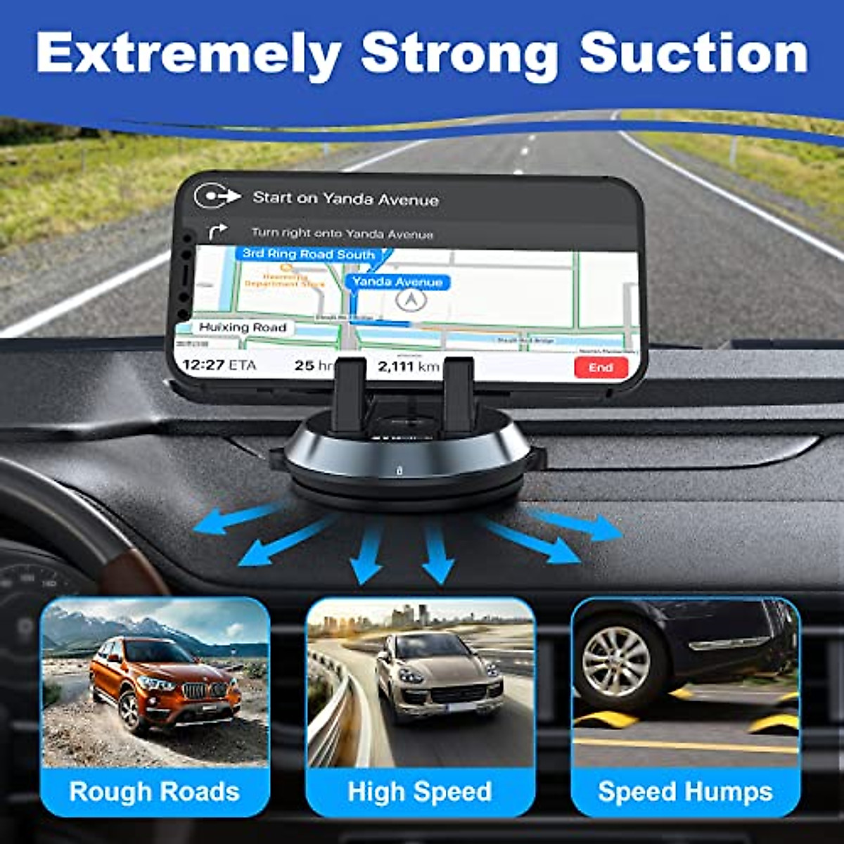 MEIDI [Double Suction] Dashboard Phone Holder, Car Phone Holder Mount, Removable Car Cell Phone Cradle, Rotatable Desk Phone Holder for Car, Compatible with All Smart Phones (Black)