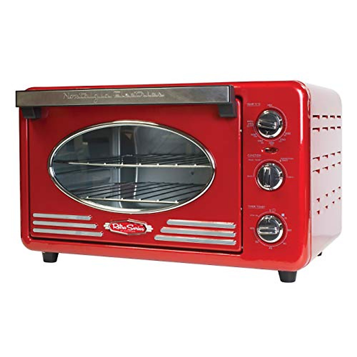 Nostalgia Oven, Toast, AirFry, Broil Functions Large Capacity Fits Slices of Bread Two 12 in. Pizzas-Includes Baking Pan and Frying Basket, 21 Qt, Metallic Red