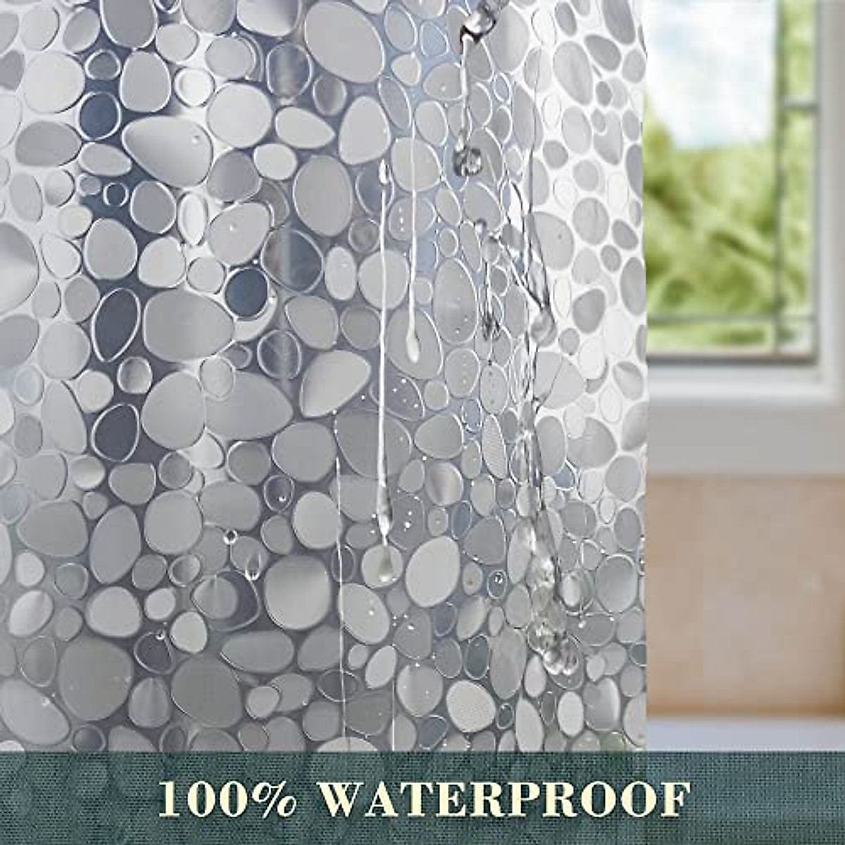 ABLUEN No Hook Shower Curtain or Liner - 8G Heavy Duty Cobblestone Bathroom Shower Curtain No Hooks Required, Waterproof Plastic & PVC Free, Standard Size 71 x 74, Pebble