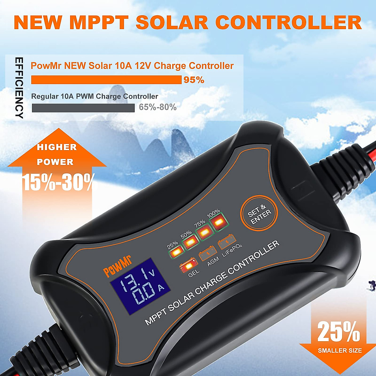 10A MPPT Solar Charge Controller 12V, PowMr 10 Amp 12 Volt Solar Panel Regulator with Digital LCD Display, Solar Intelligent Controller for 12V Lead-Acid, LiFePO4, Lithium Batteries