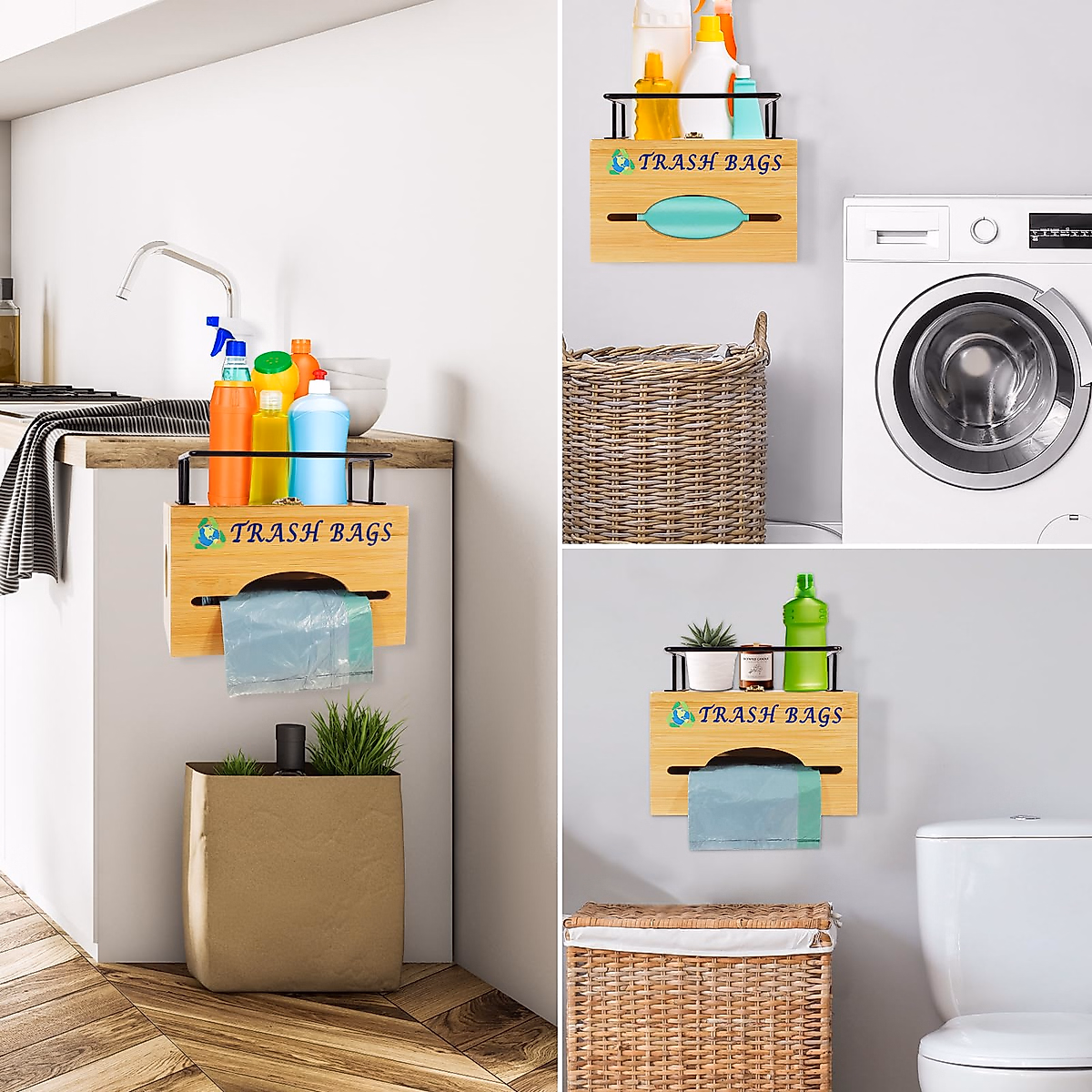 Dawnarriv Large Trash Bag Dispenser, Kitchen Garbage Bag Holder, Bamboo Trash Bag Organizer, Wall Mounted or on Countertop, Compatible with Big and Small Plastic Bags Rolls