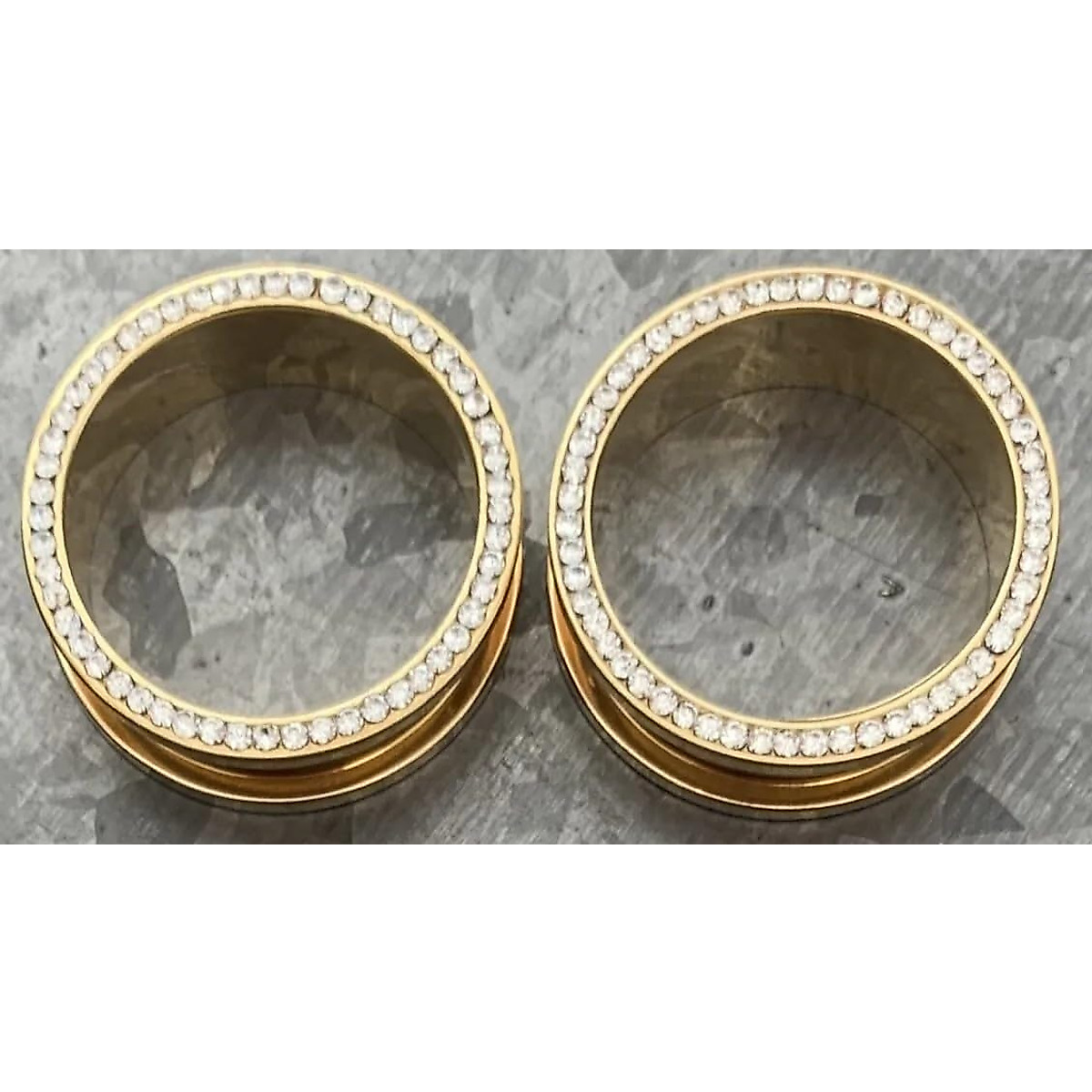 Lobal Domination PAIR of CZ Gem Rimmed Gold Ion Plated Tunnels Plugs Pierced Earlets Gauges (1" (25mm))