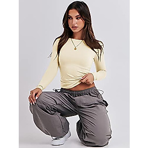 ANRABESS Women Long Sleeve Slim Fit Crop Top Going Out Tight Y2K Tshirt Trendy Basics Tees Streetwear Workout Athletic 2023 Fashion Clothes 1029xingse-S Apricot