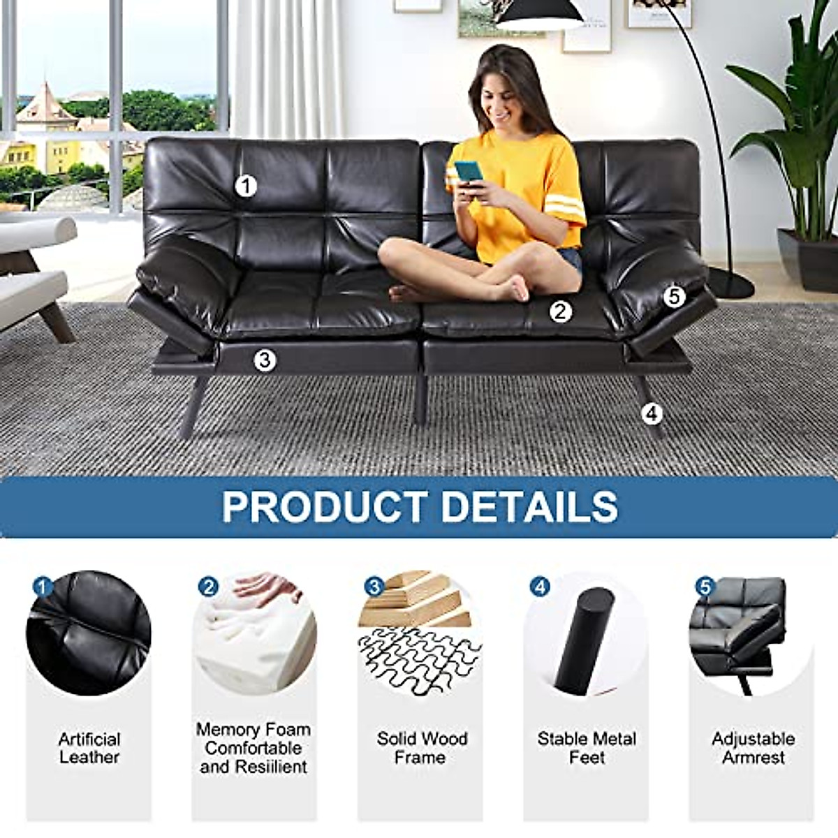 Maxspeed Sofa Bed, Modern Convertible Futon Sleeper Couch Daybed with Adjustable Armrests for Studio, Apartment,Office,Small Space, Compact Living Room,Black