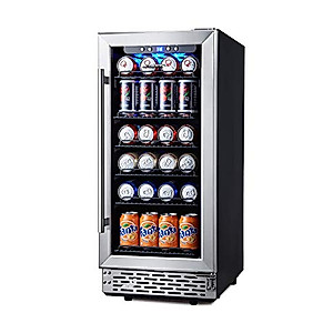 Beverage Refrigerator, Phiestina15 inch 96 Cans Built-in or Freestanding Beverage Cooler Mini Fridge with Auto Defrost,Glass Door & 6 Removable Shelves for Home Bar Office