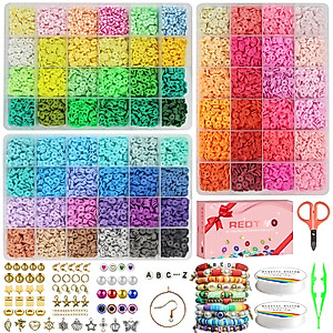 Redtwo 72 Colors 15000pcs Clay Beads Bracelet Making Kit, Flat Round Polymer Heishi Beads for Jewelry Making with Letter Beads and Elastic Strings, Crafts Gift for Girls Ages 6-12(3 Boxes)