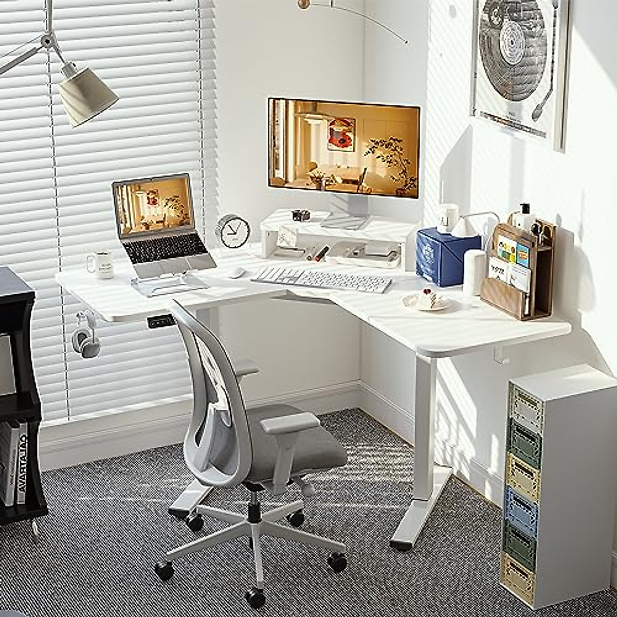 BANTI L-Shaped Electric Standing Desk, 48 Inch Adjustable Height Stand Up Desk with Monitor Stand, Sit Stand Home Office Desk with White Top