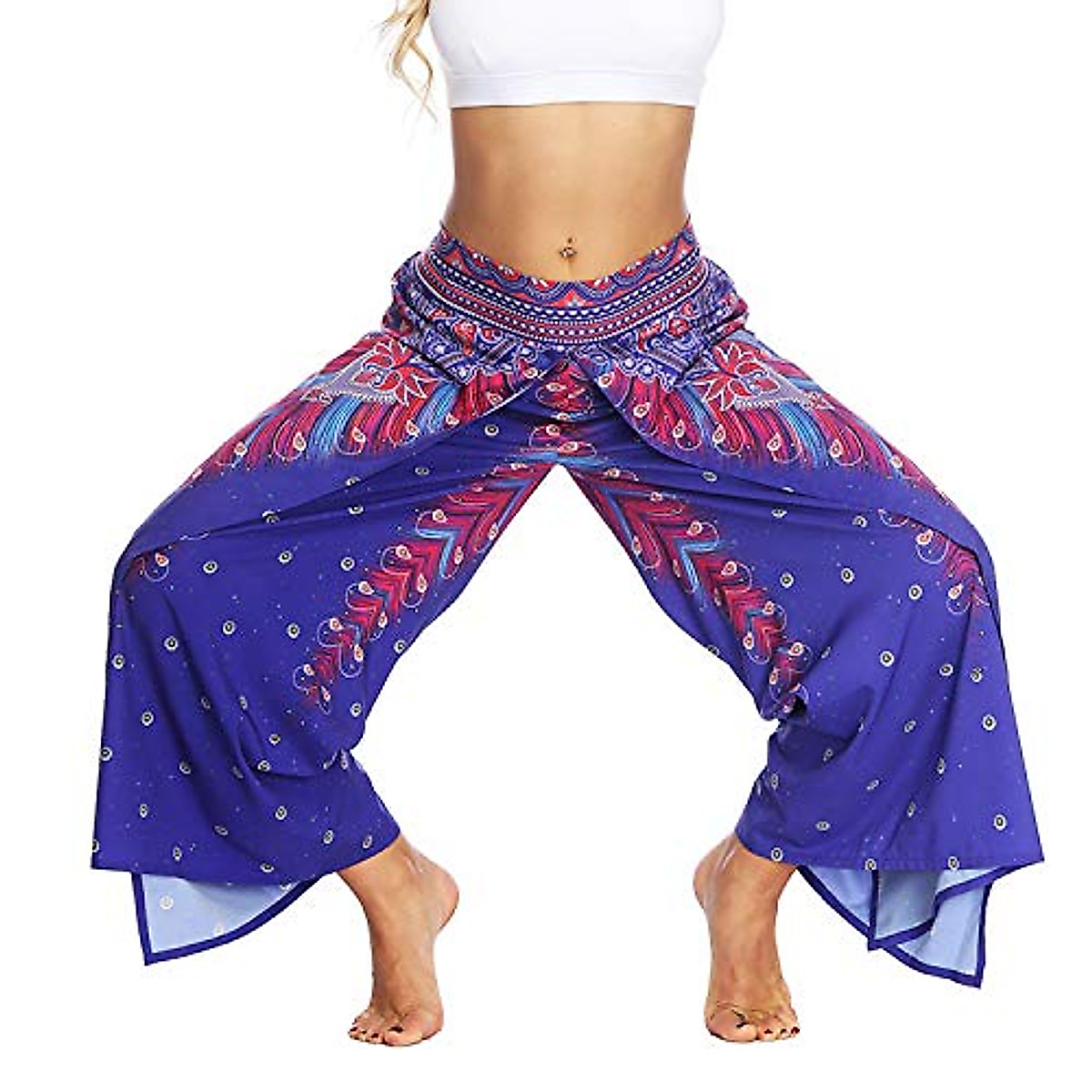 Lu's Chic Women's Boho Yoga Pants Palazzo Slit Pants Wide Leg Dance Indian Loose Bohemian Pants Style3 Small-Medium
