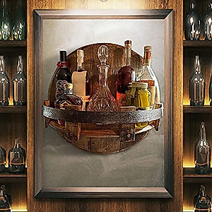 Hand Crafted Liquor Bottle Display,Wall Mounted Whiskey Barrel Shelf,Vintage Round Wine Whiskey Display Organizer Stand Bar Shelves Home Décor