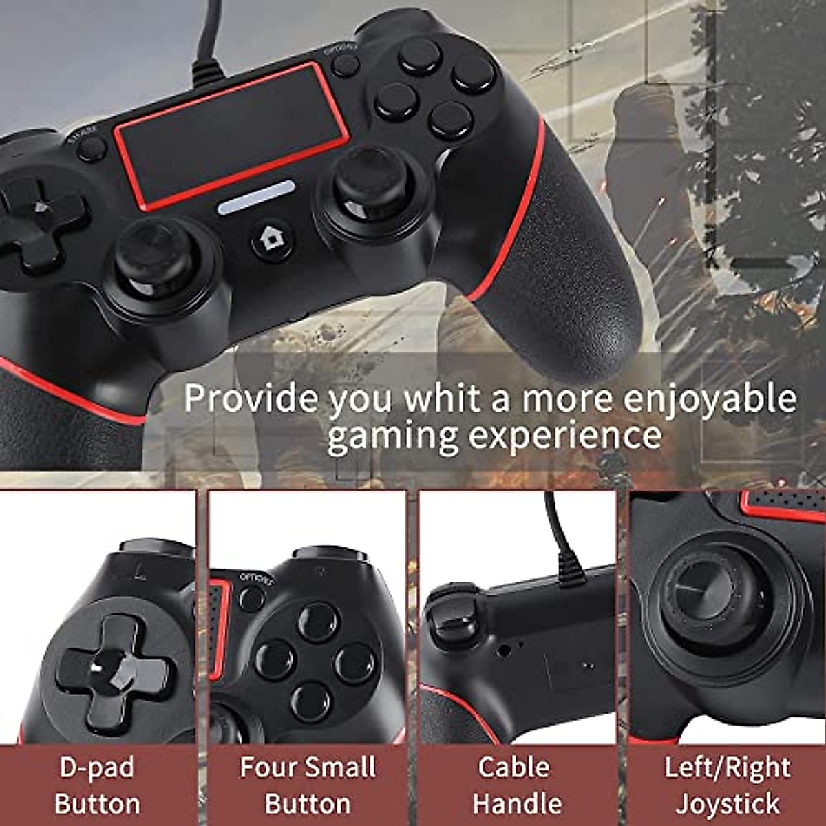 Wintek Inone PS-4 Wired Controller for PS-4/Pro/Slim/PC/Laptop, USB Plug Gamepad Joystick with Dual Vibration and Anti-Slip Grip, Professional USB PS-4 Wired Gamepad（Black & Red）