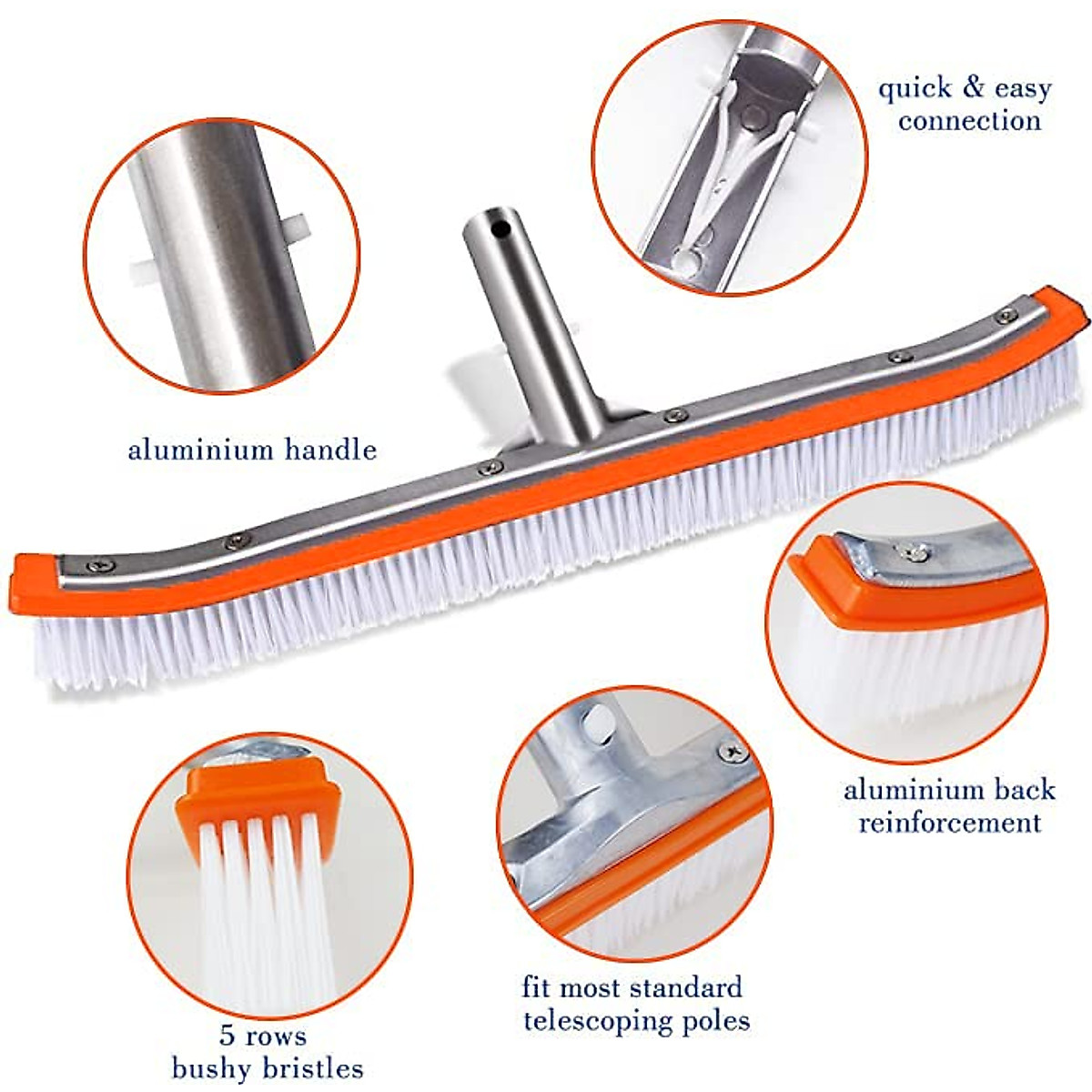 Sinada Pool Special 18 Inch Extra-Wide Nylon Pool Brush, Heavy Duty Vinyl Pool Brush, Aluminum Backed, Fits Standart Swmming Pool Pole Swimming Pool Wall Cleaning Brush EZ Clips