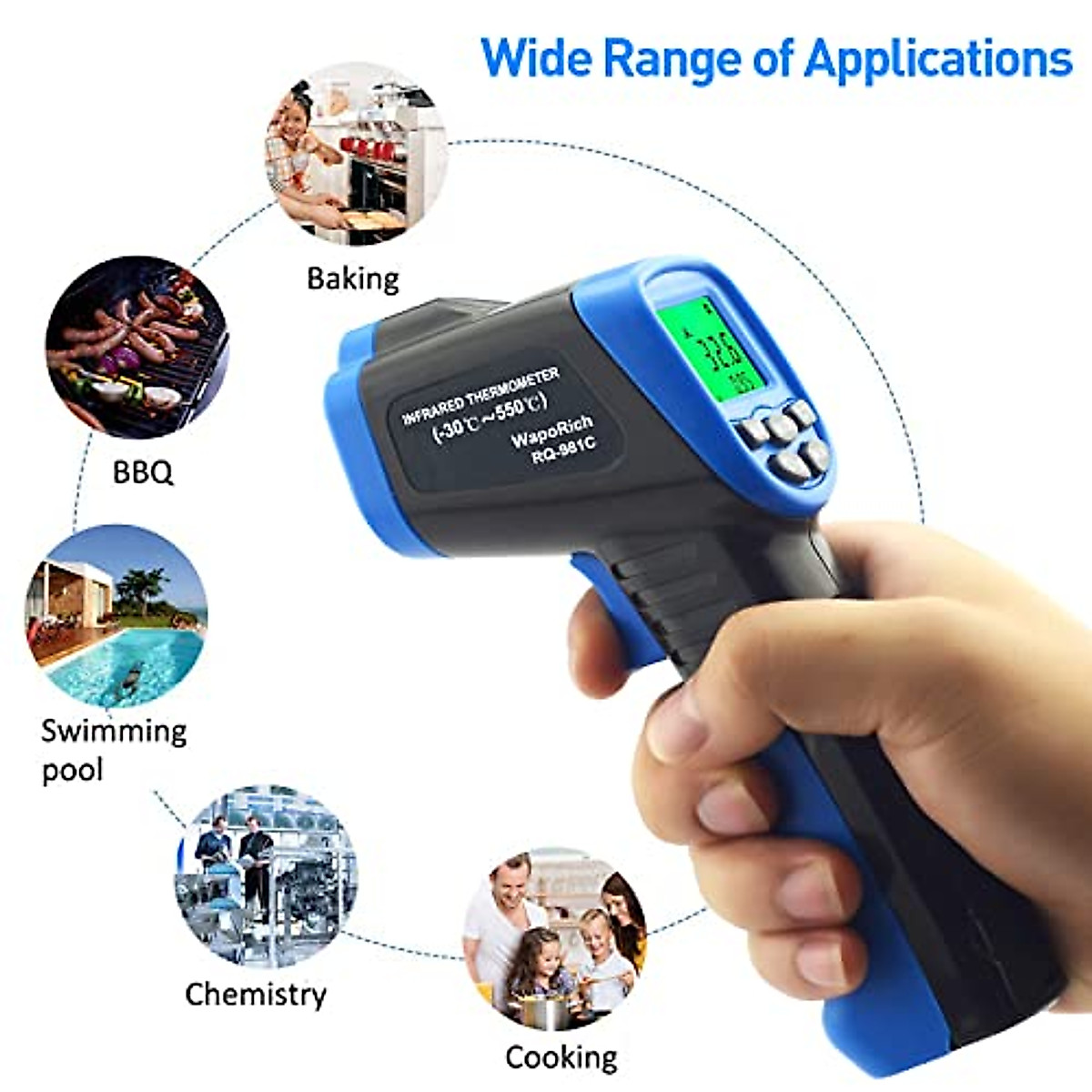 Infrared Thermometer Digital Laser Thermometer RQ-981C, Non-Contact Digital Infrared Thermometer from -50℃ to 550℃(-58 to1022℉) Come with LCD Back-Light, Data Hold for Industrial (Not for Human)