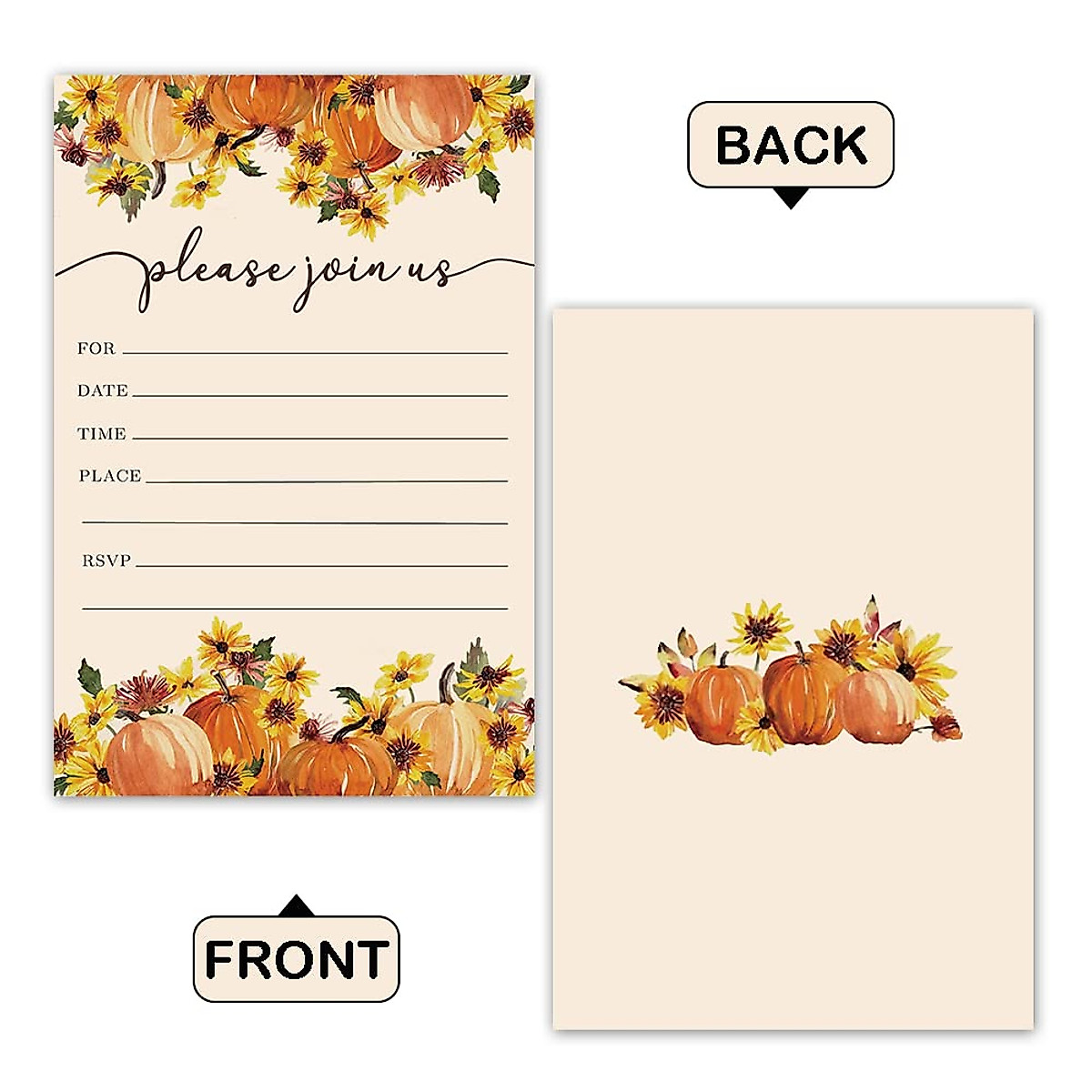 REWIDPARTY Thanksgiving Party Invitation Cards with Envelopes（Set of 15） Food Feast Invites for Family Friends Fall Invitations with Pumpkin and Florals Birthday Bridal Party Fill-in Invitation cards