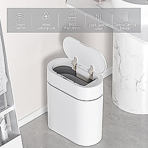 ELPHECO Bathroom Trash Can with Lids, 2.5 Gallon Automatic Trash Can, Motion Sensor Kitchen Trash Can, 9.5 Liter Small Plastic Trash Can Bathroom, Slim Smart Trash Can, Rechargeable,Bag suction, White