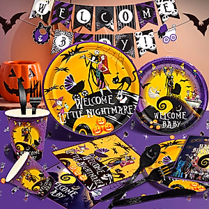 HigzYovn 183Pcs Welcome Little Nightmare Baby Shower Decorations Nightmare Before Christmas Party Supplies Nightmare Before Christmas Baby Shower Decorations Tableware for Baby Shower Party Decor