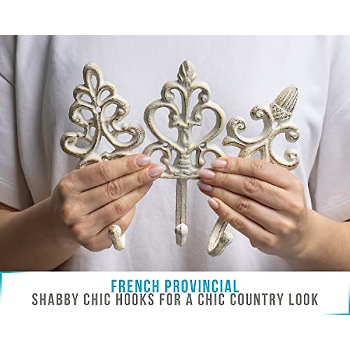 Shabby Chic Decorative Wall Hooks - Set of 3 - Cast Iron French Country Wall Decor - Farmhouse Hangers for Coats, Purses and More - Rustic White