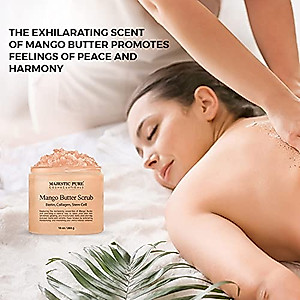 Majestic Pure Mango Butter Body Scrub - With Biotin, Collagen, Stem Cell - Exfoliating Salt Scrub to Exfoliate and Moisturize Skin - Deep Skin Cleanser - Natural Skin Care for Men and Women - 10 oz