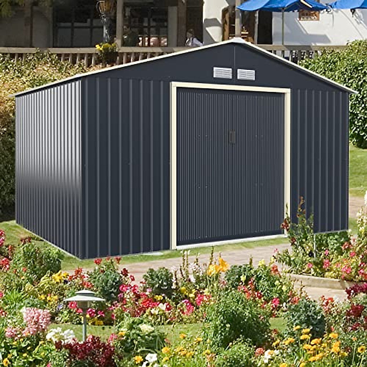 Giantex Outdoor Storage Shed with Double Sliding Door, Galvanized Metal Garden Storage Room, Front and Back Vent, Weather Resistant Tool Storage Shed for Backyard, Patio, Lawn (11 x 8 FT)