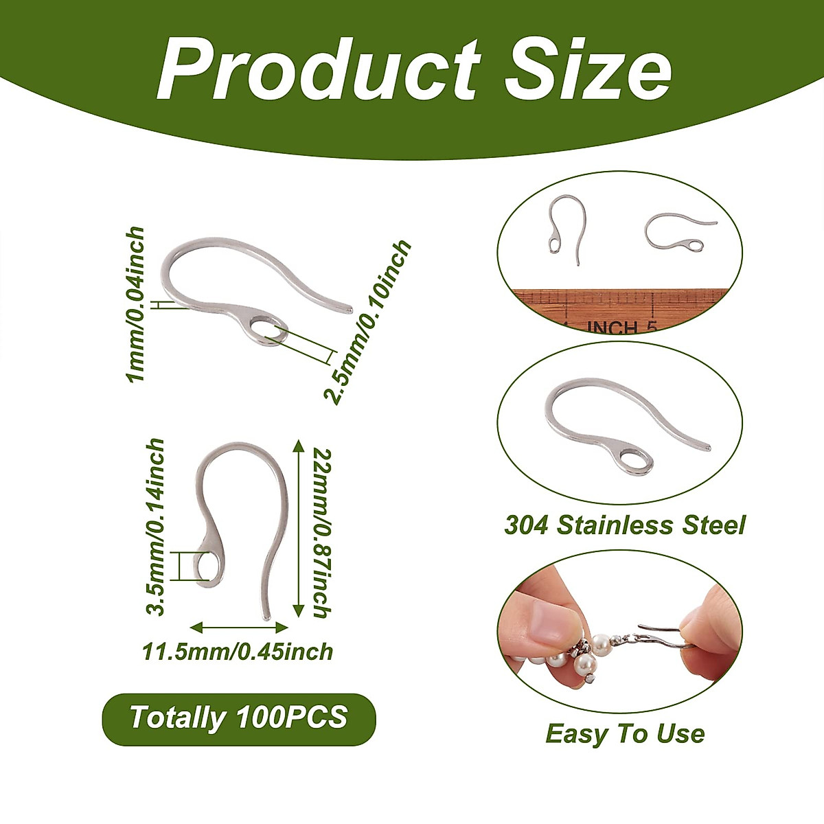 Pandahall 100pcs 304 Stainless Steel Earring Hooks 21.5x11x1mm with Loop Hole Ear Wire Findings for DIY Jewelry Making
