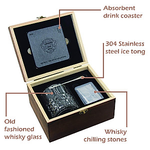 Whiskey Stones and Whiskey Glass Gift Set, Pack of 6 Whiskey Stones with Old Fashion Whiskey Glass, Absorbent Drink Coaster and Stainless Steel Tong, Man/Myth/Legend, Gift for Father/Husband - Aiizun