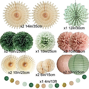 Dusty Rose and Sage Green Party Decorations Olive Sage Dusty Rose Paper Pom Poms Paper Lanterns Circle Dots Hanging Garland for Women Girls Birthday Baby Shower Wedding Bridal Shower Party Decor