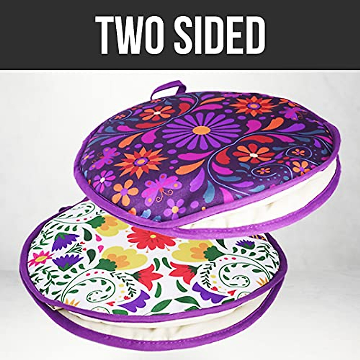 Sophix Tortilla Warmer Pouch - 12-Inch Large Size - This Thermal Insulated Fabric Holder Keeps Tortillas, Naan Bread, and Pizza Rolls Warm for up to One Hour | Two-Sided (Flower Design)