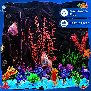 Jexine 100 Pcs Fish Tank Rocks Glow Blue, Fish Tank Stones Accessories Gravel with 10 Pack Artificial Aquatic Plants Fish Tank Plants Plastic Coral Reef Decorations for Aquariums