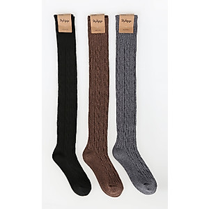 STYLEGAGA Winter Cozy Cable Knit Over The Knee High Boot Socks (One Size: XS to M, Cozy Cable_Basic 3Pair)