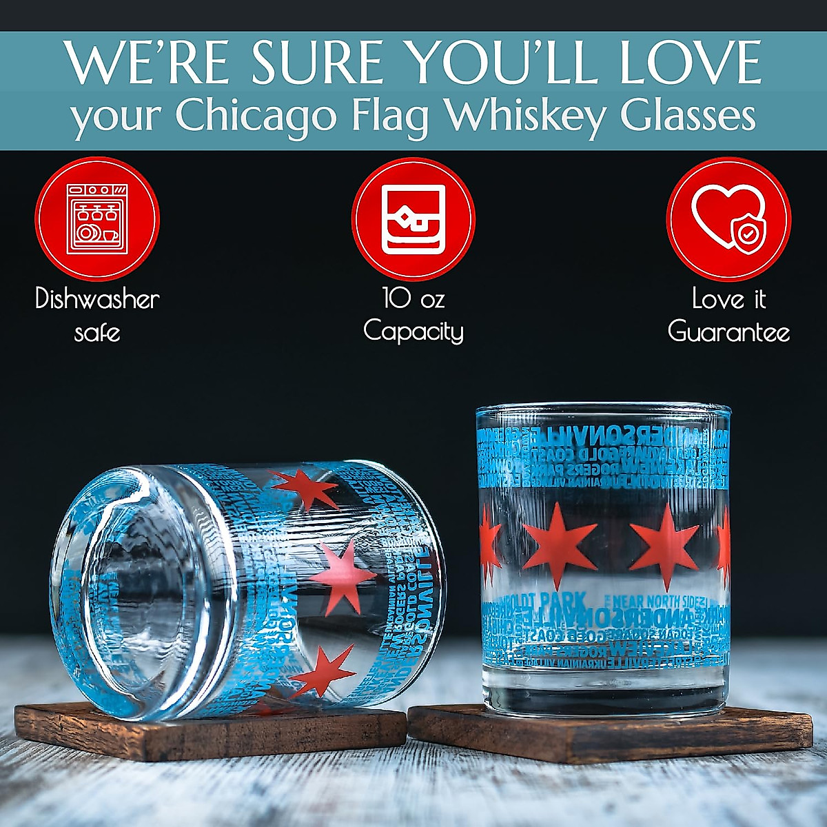 Greenline Goods Whiskey Glasses - 10 Oz Tumbler Set for Chicago lovers, Chicago Flag & Neighborhoods | Old Fashioned Rocks Glass - Set of 2