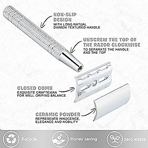 Reusable Double Edge Safety Razor for Women, Single Blade Razors for Men, with 10 Platinum Coated Stainless Steel Razor Blades, Metal DE Razor for a Close Smooth Shave, Sustainable Living Choice