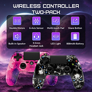 Controller for PS4, Wireless Controller 2 Pack for Sony PlayStation 4/Slim/Pro, Remote Control with Double Vibration, 6-axis Motion Sensor, Speaker, 3.5mm Audio Jack, TouchPad, and 800mAh Battery