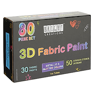3D Fabric Paint 30 Colors with Sticker Stencils, Permanent Textile Paint Includes Neon, Metallic, Glitter for Clothing