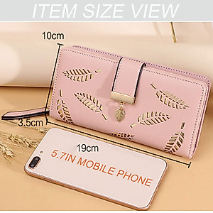 Women’s Long Zipper Fold Wallet with Leave Form Pendant Multifunctional Card Holder Clutch Purse with Snap Fastener(blue)