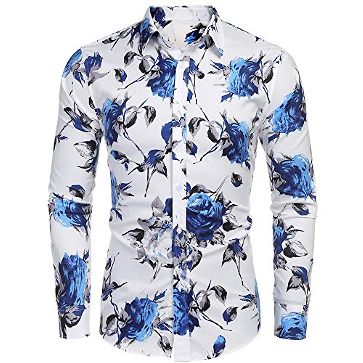 COOFANDY Men's Long Sleeve Dress Shirt - Casual Button Down (White & Blue, Large)