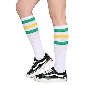 Henwarry 3 Pairs Classic Triple Stripes Over the Calf Cotton Retro Tube Socks for Men and Women (B04-Green/Yellow/White)