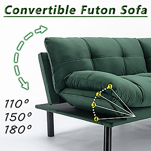 70“ Modern Velvet Futon Couch Sleeper,Convertible Sleeper Sofa Bed with Adjustable Backrests and Folding Armrest for Living Room Bedroom Office Apartment,Split Back,Mattress Included (Green)