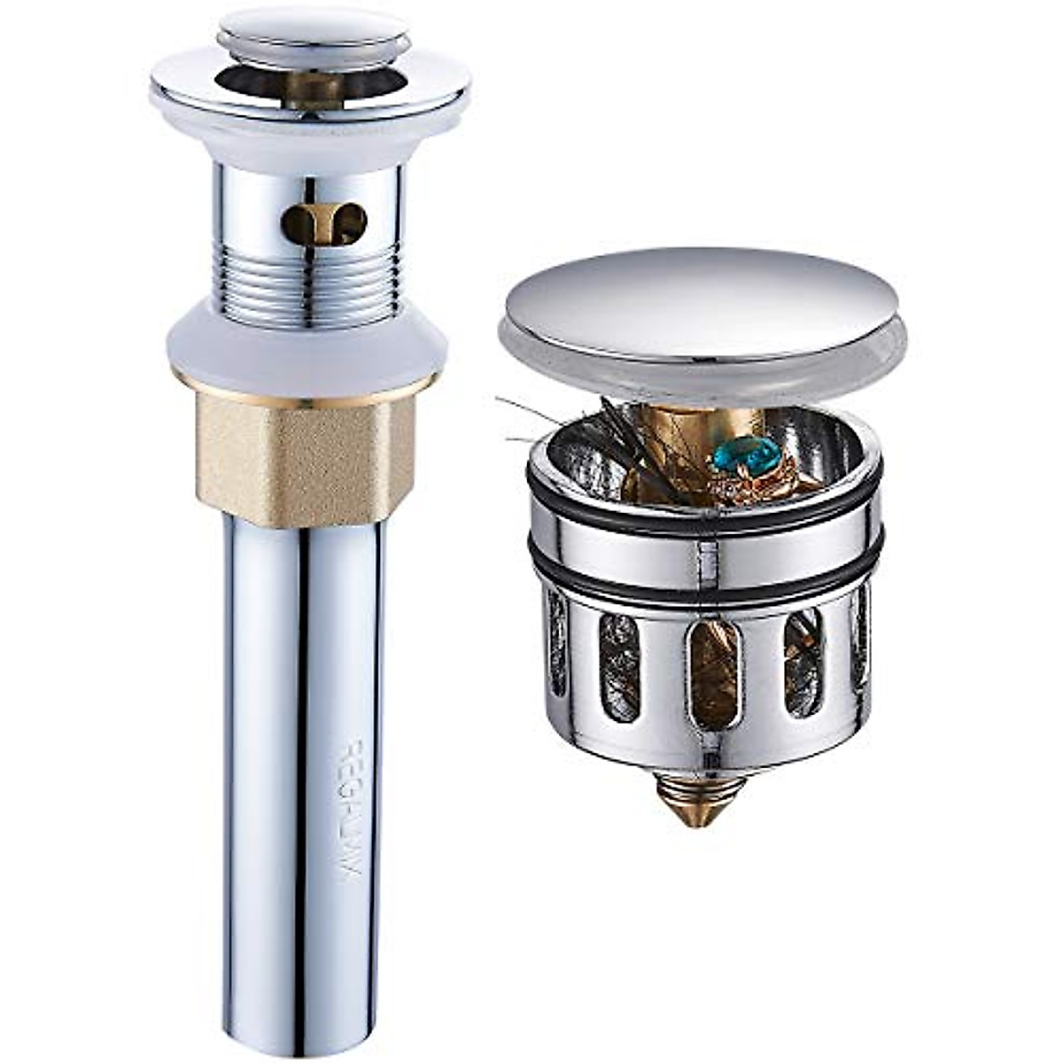 REGALMIX Pop Up Drain, Bathroom Faucet Vessel Vanity Sink Drain Stopper, Built-in Anti-Clogging Strainer, Polished Chrome with Overflow, Fits Standard American Drain Hole(1-1/2" to 1-3/4") R086H-CP…