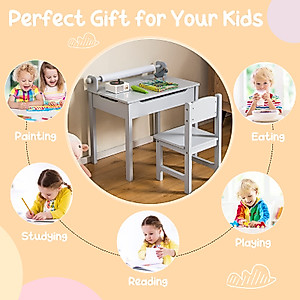 Costzon Kids Table and Chair Set, Flip Top Kids Art Craft Table w/Chair for Playroom Kindergarten, Toddler Drawing Writing Desk Set w/Paper Roll & 2 Markers, Gift for Boys Girls Ages 3+ (Gray)