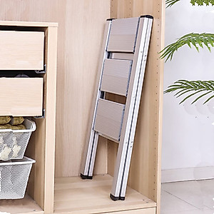 LIYIVNAA 3 Step Ladder Folding Step Stool with Anti-Slip Wide Pedal 330lbs Capacity Lightweight Portable Aluminum Silver Stepladder Household Tool for Home Kitchen Office