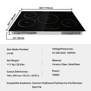VEVOR Electric Cooktop, 4 Burners, 30'' Induction Stove Top, Built-in Magnetic Cooktop 7500W, 9 Heating Level Multifunctional Burner, LED Touch Screen w/Child Lock & Over-Temperature Protection