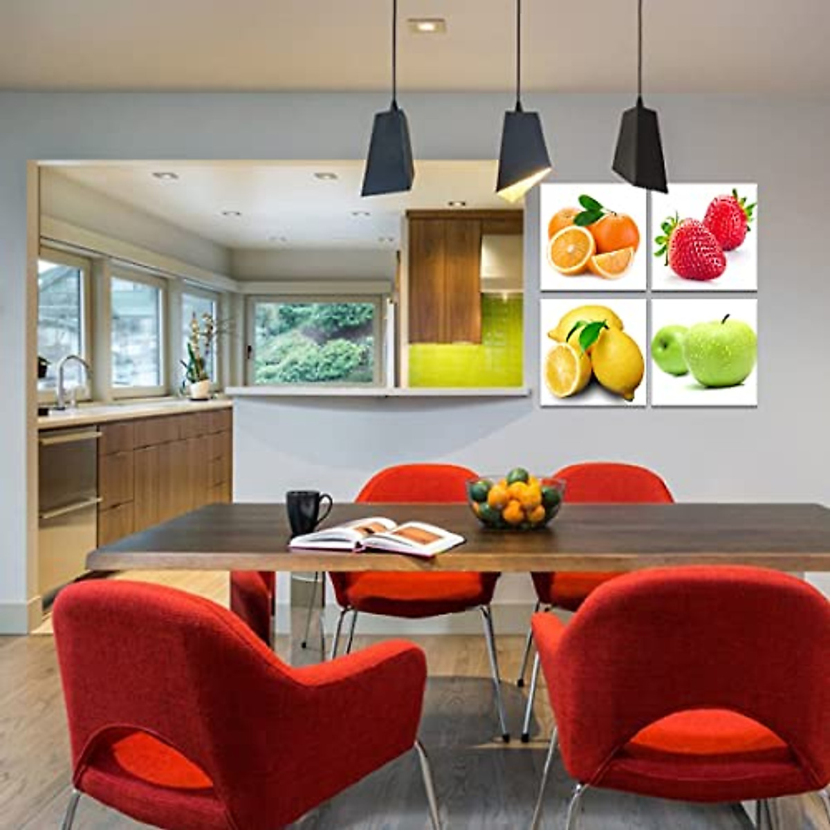 Purple Verbena Art 4pcs/set Stretched and Framed Orange, Apple, Lemon, Strawberry Fruits Design Wall Artwork Paintings, 12x12 Inches Giclee Walls Canvas Art Work for Kitchen Home Decor, Ready to Hang