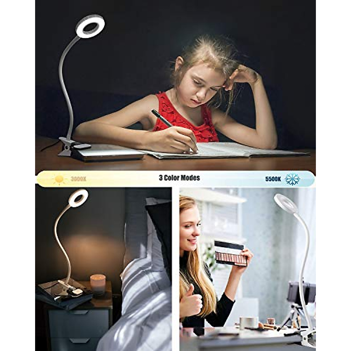 EYOCEAN LED Clip on Light Reading Light, USB Eye-Care Reading Light for Headboard, 3 Modes & 10 Dimming 7W Clamp Desk Lamp, 360°Flexible Gooseneck Night Light(Adapter Included), White