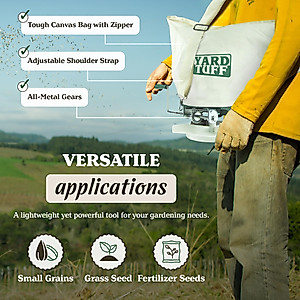 Yard Tuff Outdoor Lawn Garden 25 Pounds Shoulder Seeder and Grass Seed Spreader with Canvas Bag and Shoulder Strap, Green/White