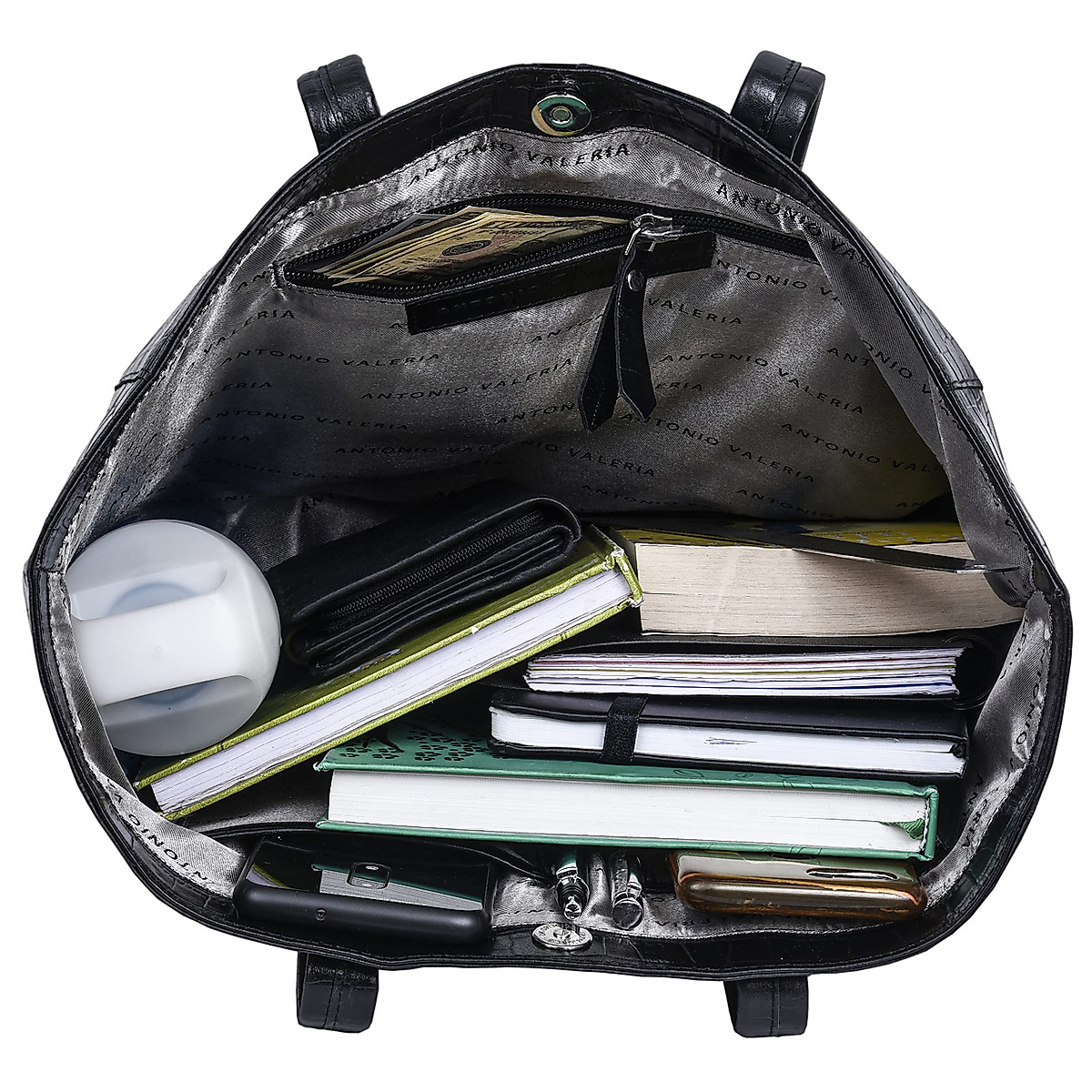 ANTONIO VALERIA Alexis Black Printed Leather Tote/Top Handle Shoulder Bag for Women