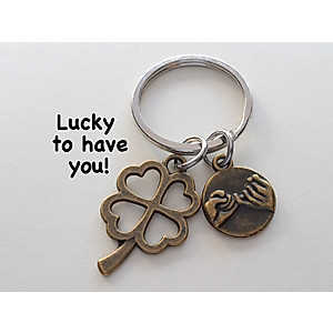 Bronze Four Leaf Clover Charm Keychain with Pinky Promise Charm for Couples or Best Friends, Anniversary Keychain