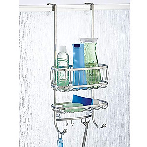 iDesign York Bathroom Over the Door Shower Caddy with Storage Baskets Shelves and Hooks for Shampoo, Conditioner, Soap, Silver